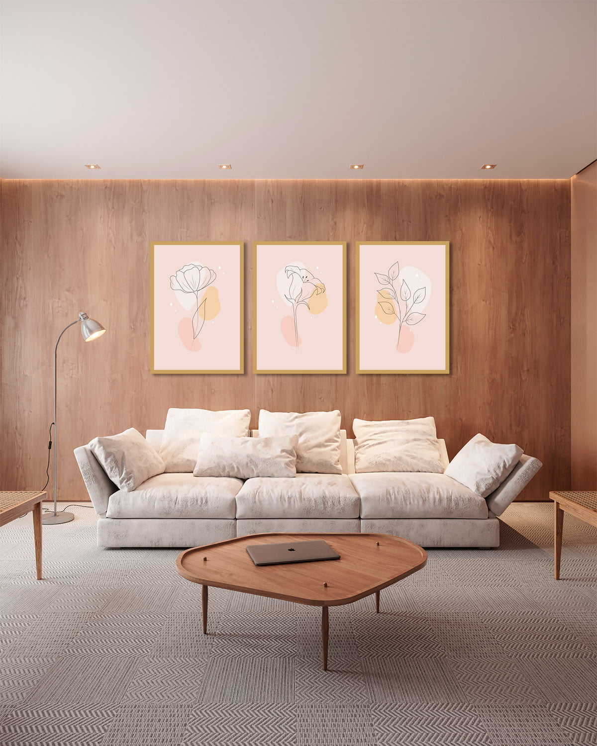 Conjunto 3 Quadros Decorativos Floral Abstrato Ramos Fundo Rosa