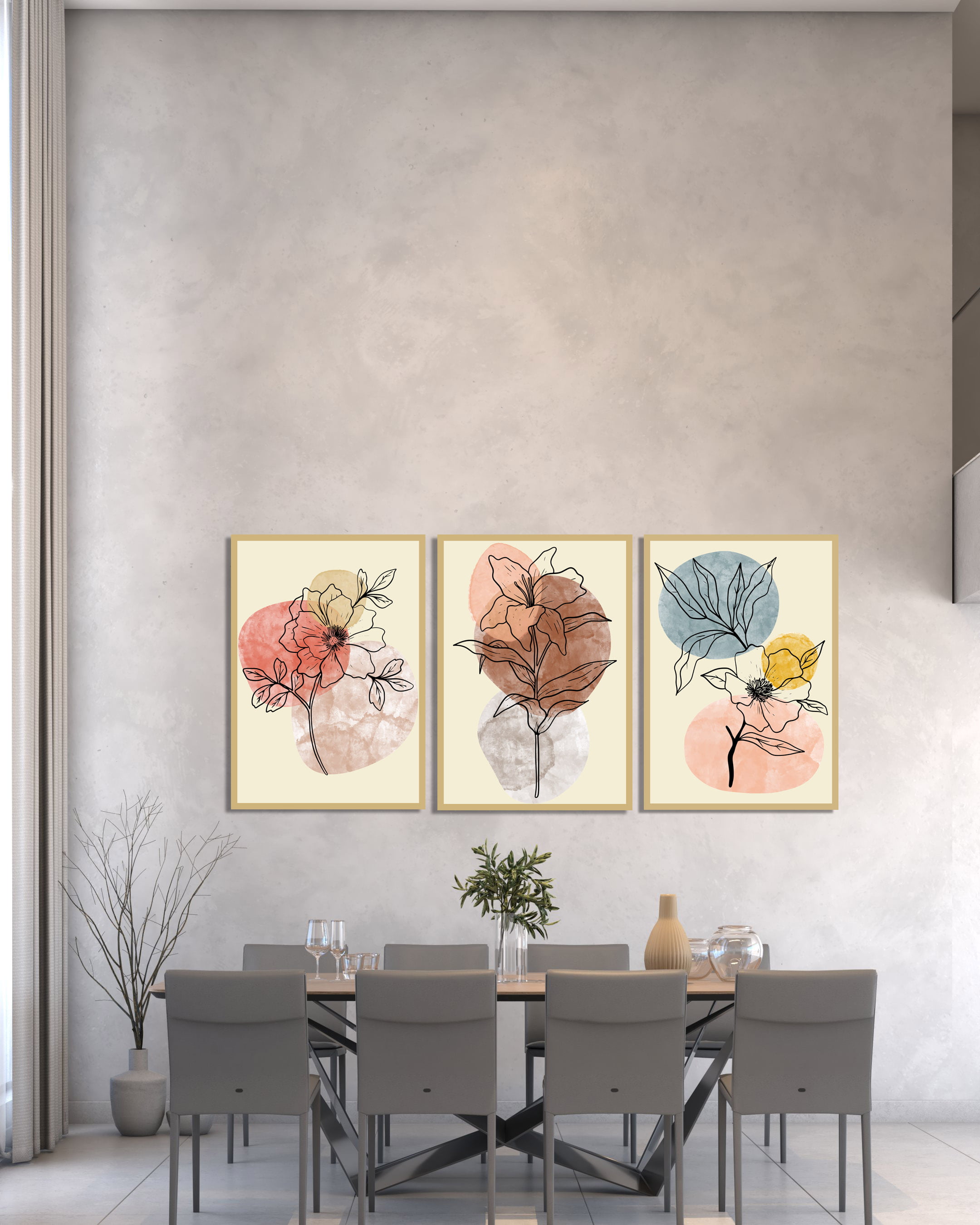 Conjunto 3 Quadros Decorativos Floral Desenho Flores Fundo Amarelo